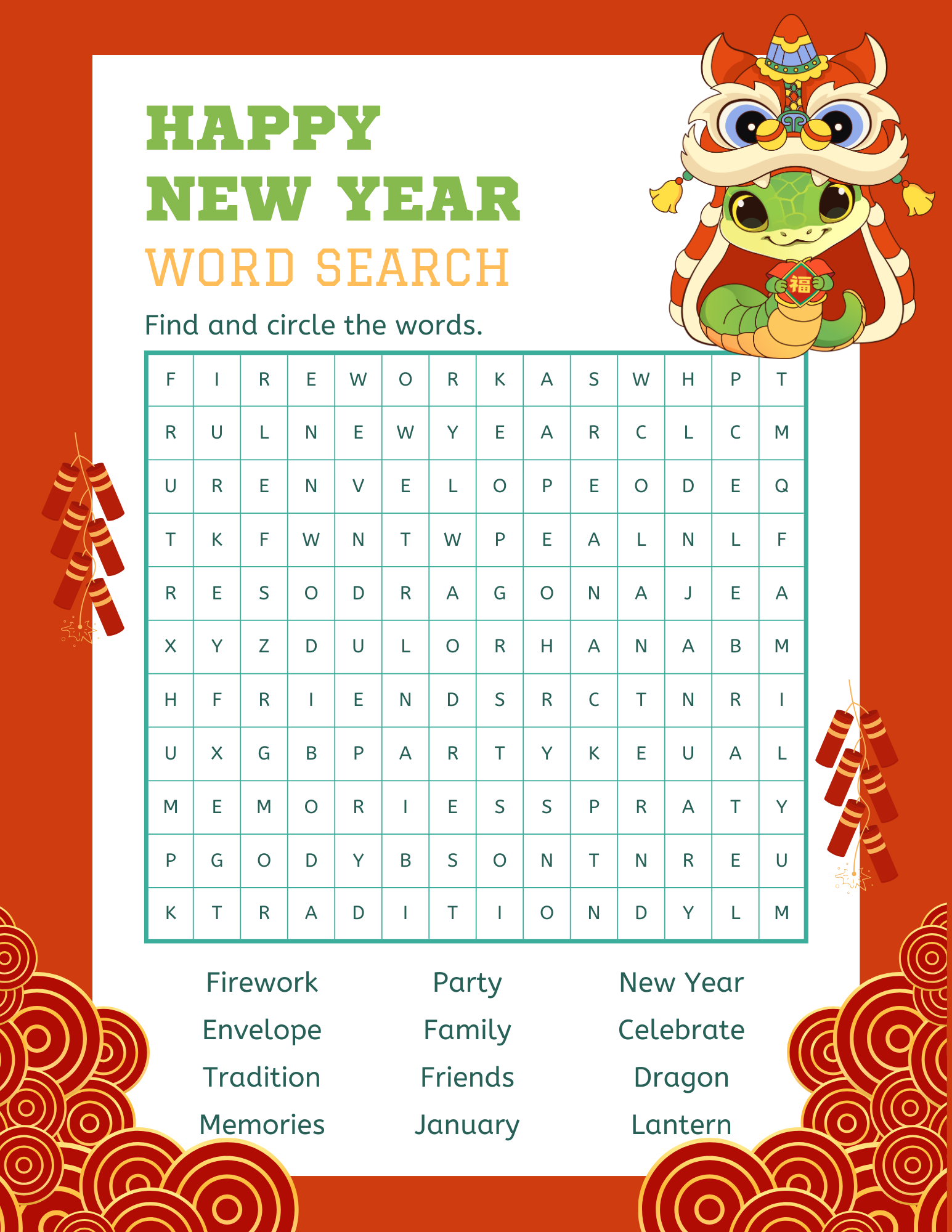 Free Chinese New Year Word Search Year of the Snake Lunar New Year Word ...