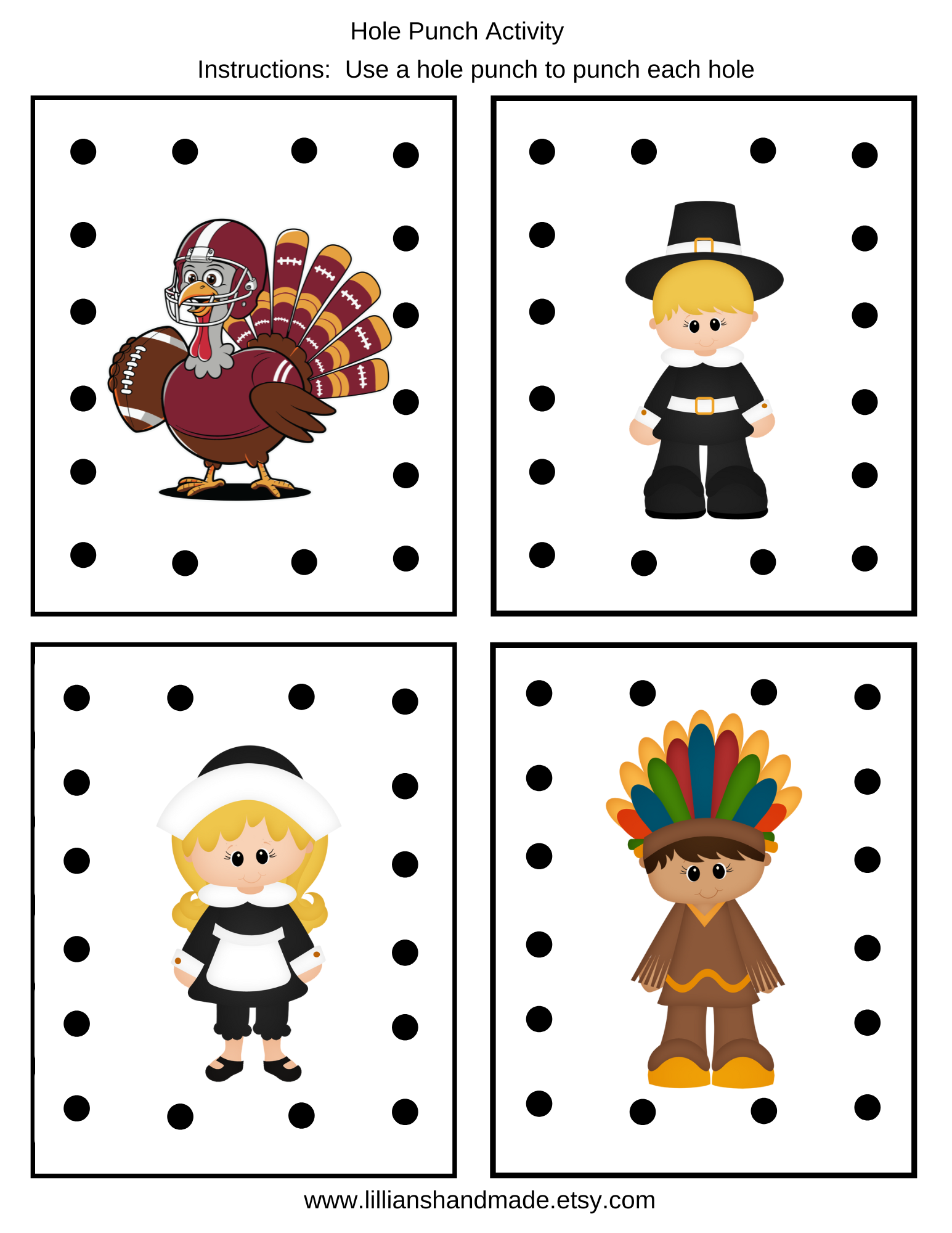 Thanksgiving Hole Punch Cards — Football Turkey, Pilgrim Boy, Pilgrim ...